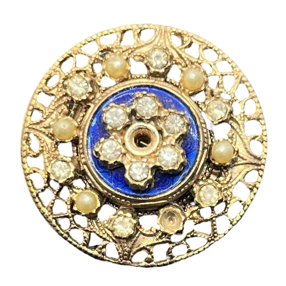 Jewelry | Vintage Gold Tone Filigree Round Brooch Pin Blue Enamel ...